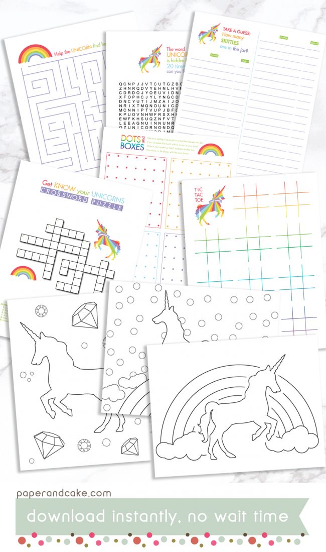 rainbows and unicorns printable party games - Paper and Cake Paper and Cake